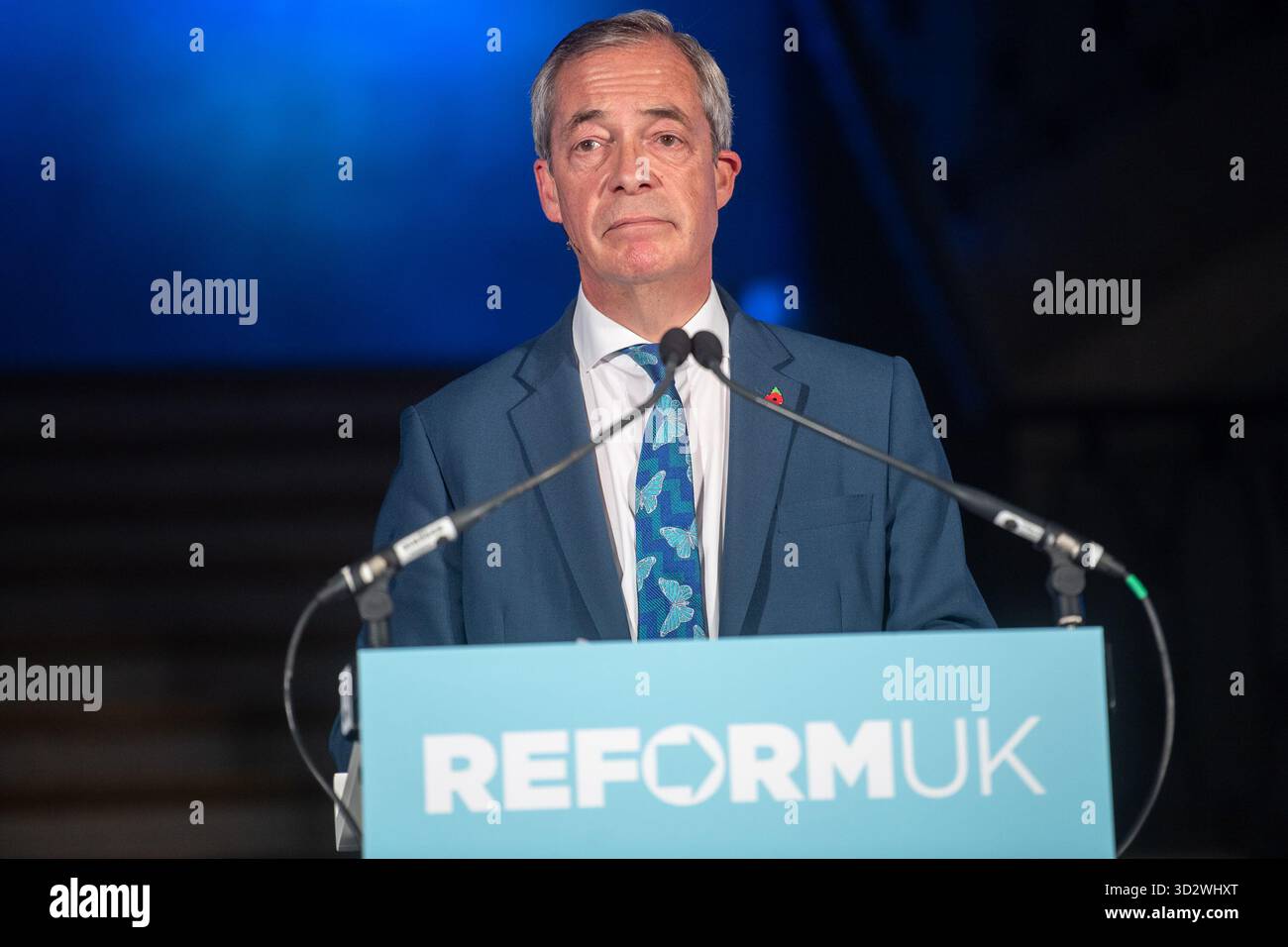 London, UK. 03 Nov 2025. Reform UK Leader Nigel Farage speaks at a ...