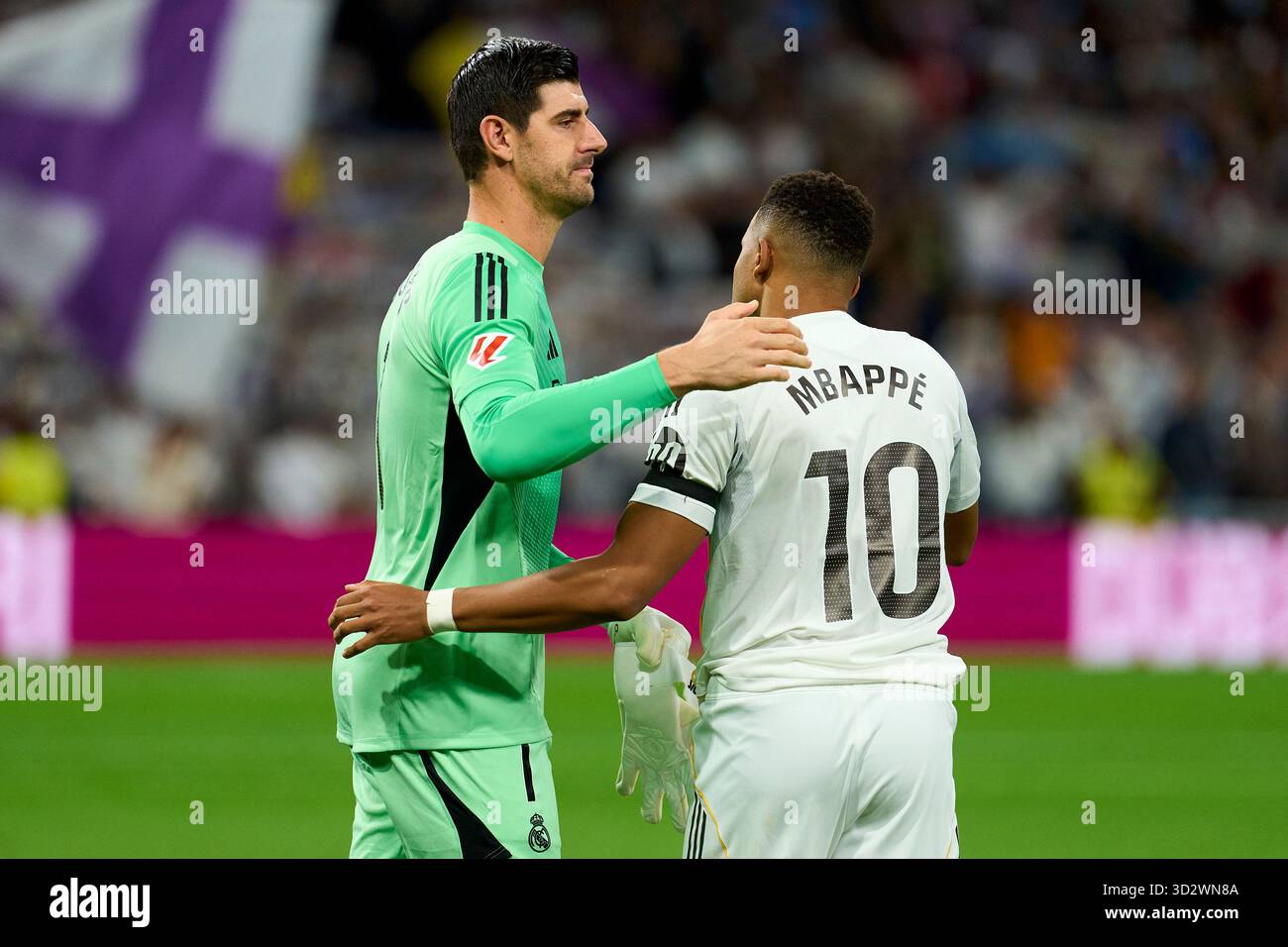 Thibaut Courtois and Kylian Mbappe of Real Madrid CF during the LALIGA ...