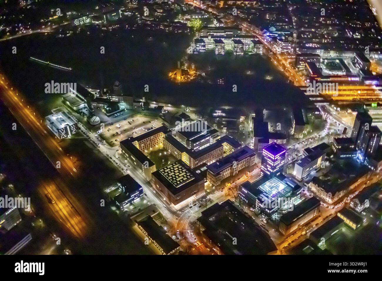 Aerial view, justice center at night, Bochum city center with Christmas ...