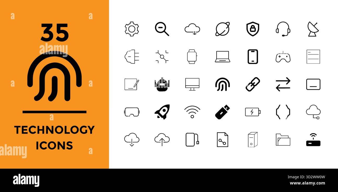 Collection of modern technology icons in simple black and white design ...