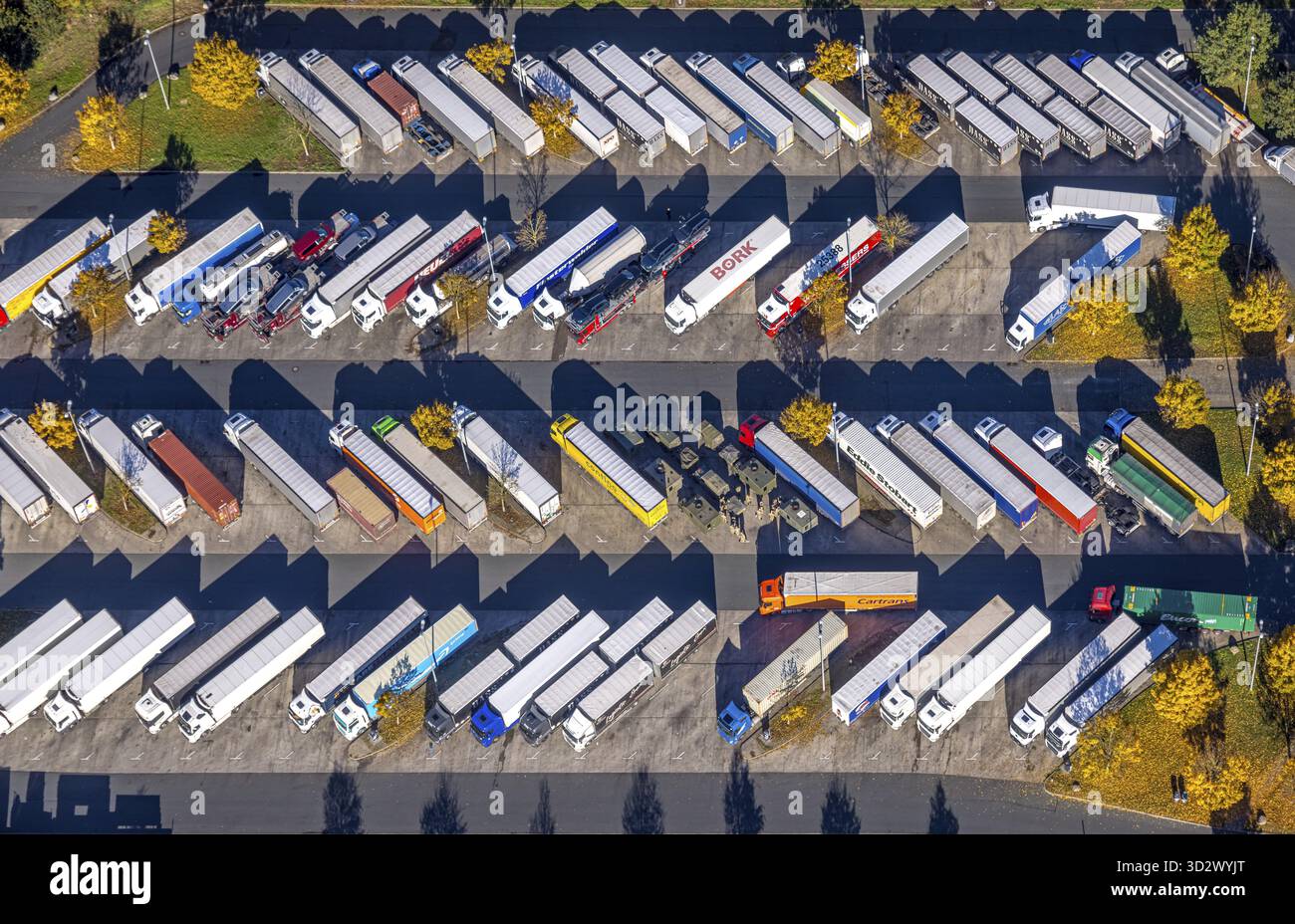 Aerial view, Serways Rhynern rest area with truck parking lot on the A2 ...
