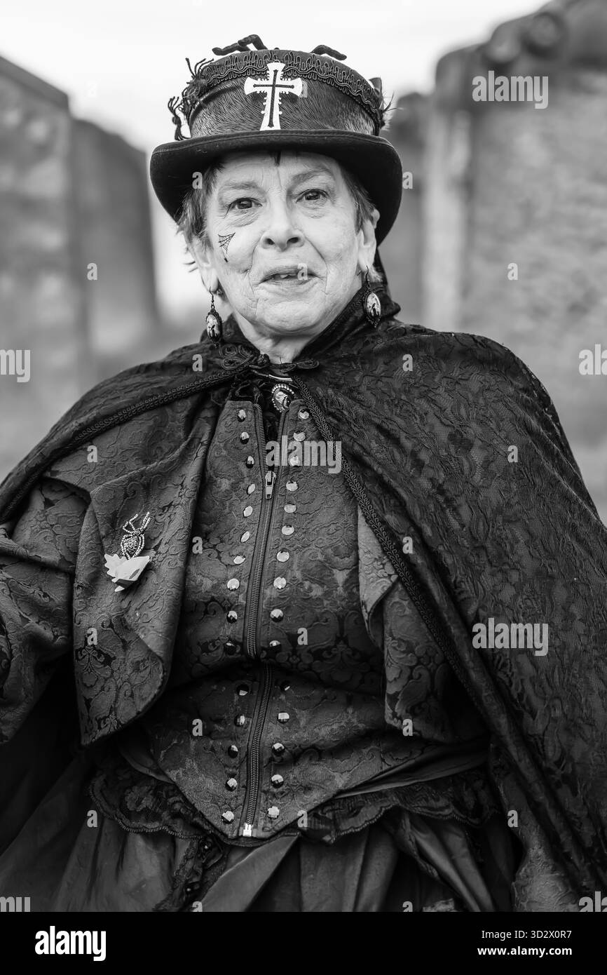 Whitby, England. Nov 1 2025. Close up, black and white portrait of an ...
