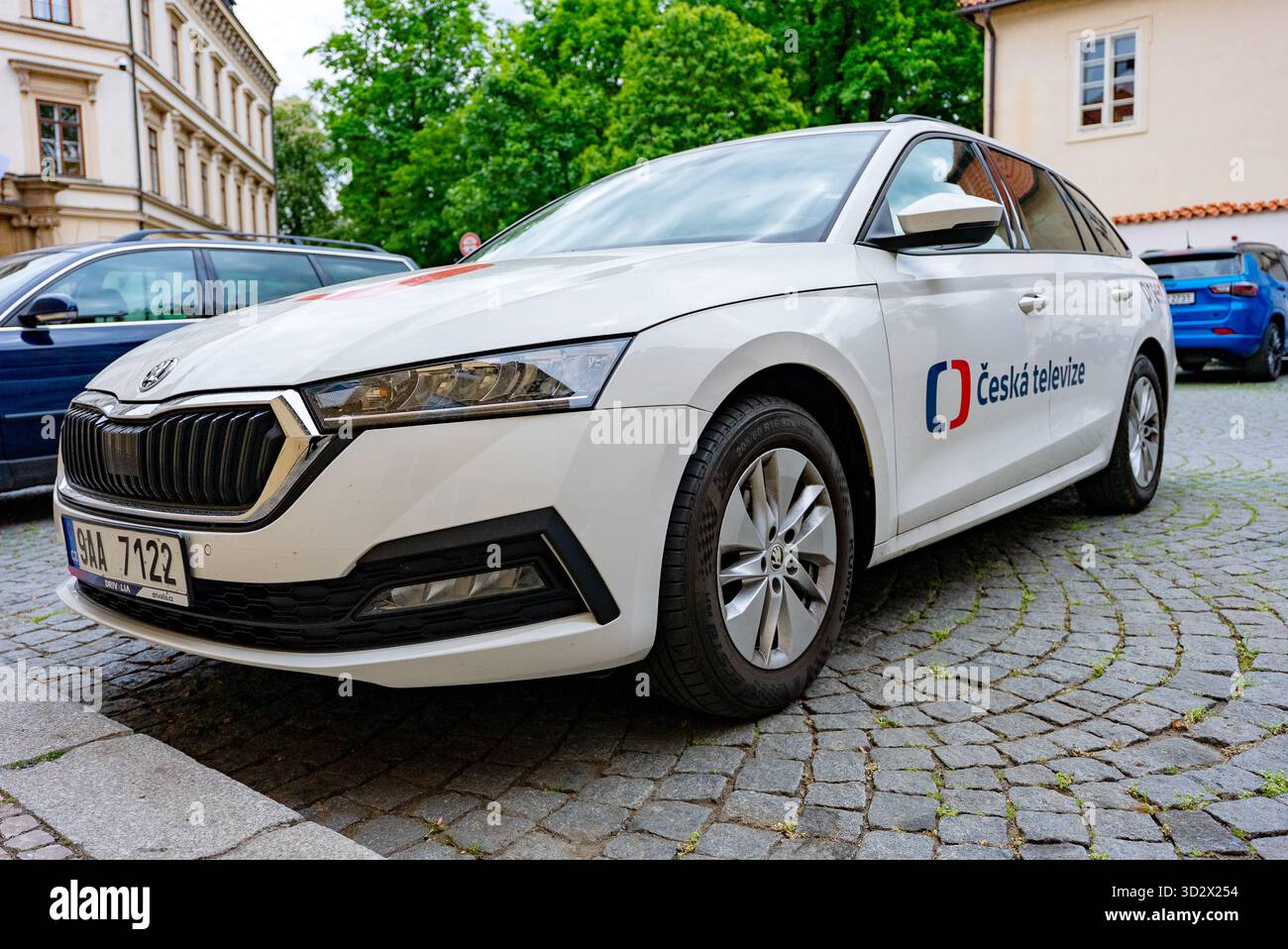 Prague, Czech Republic - 08.05.2025: Skoda car with Czech Television ...
