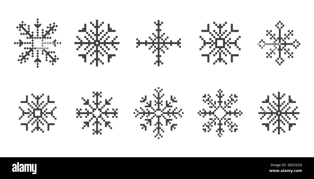 Set y2k pixel art snowflake winter crystal, retro 8 bit mosaic ornament ...