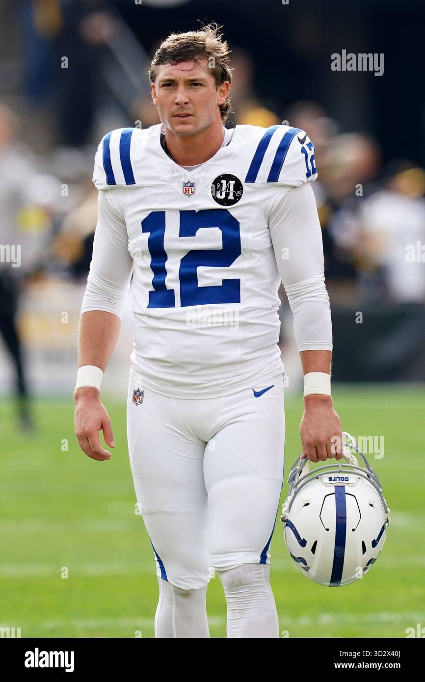Indianapolis Colts place kicker Michael Badgley (12) warms up before an ...