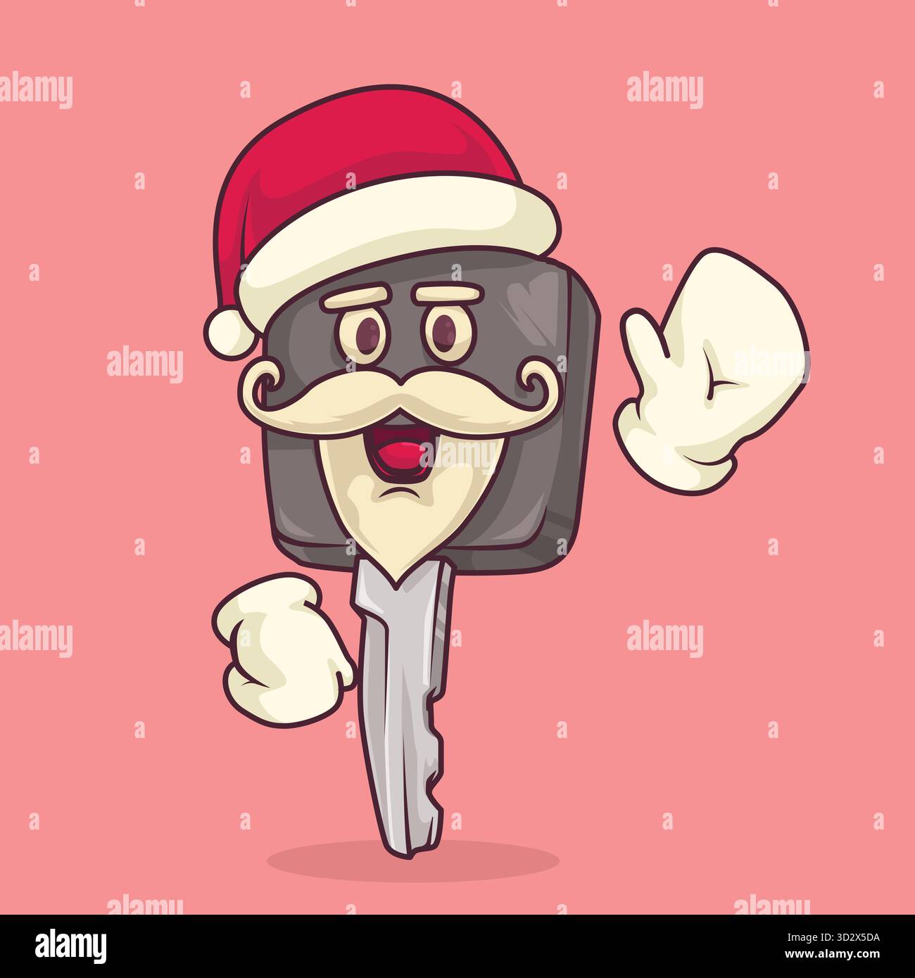 Cartoon vehicle key with Santa hat, beard, and mustache waving for ...