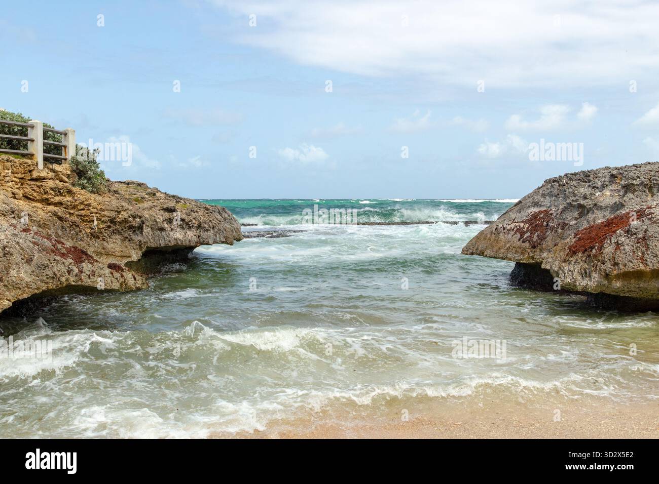 Shark Hole, Barbados: Rugged coastal limestone cliff with waves ...