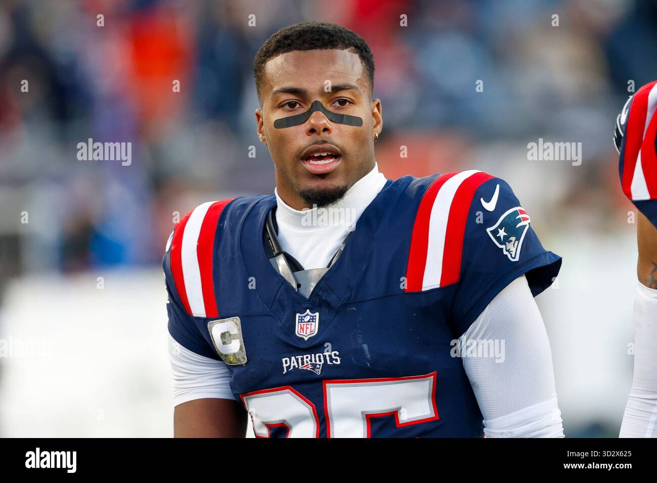 New England Patriots cornerback Marcus Jones (25) reacts after defeating the Atlanta Falcons in ...