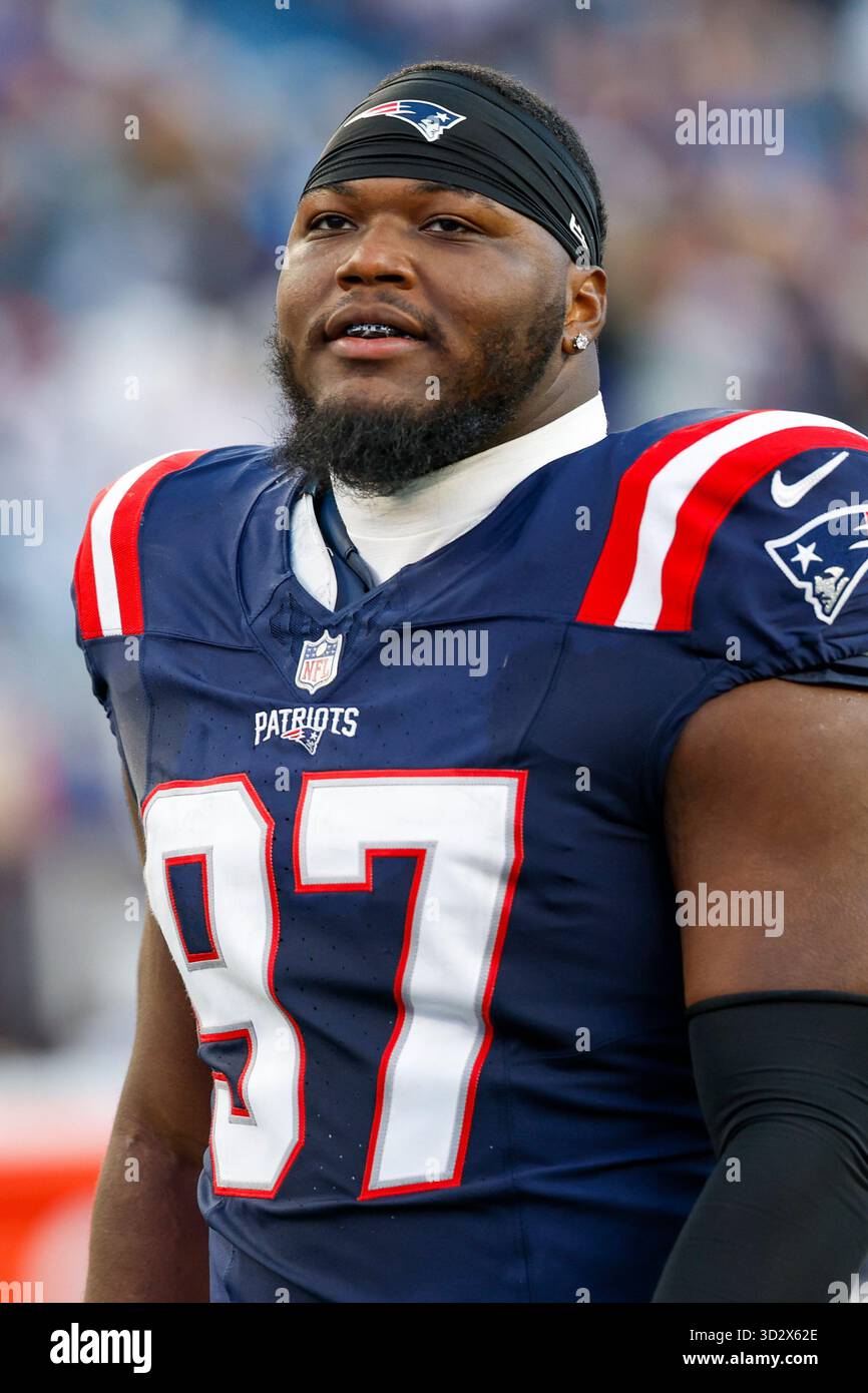 New England Patriots defensive end Milton Williams (97) reacts after ...