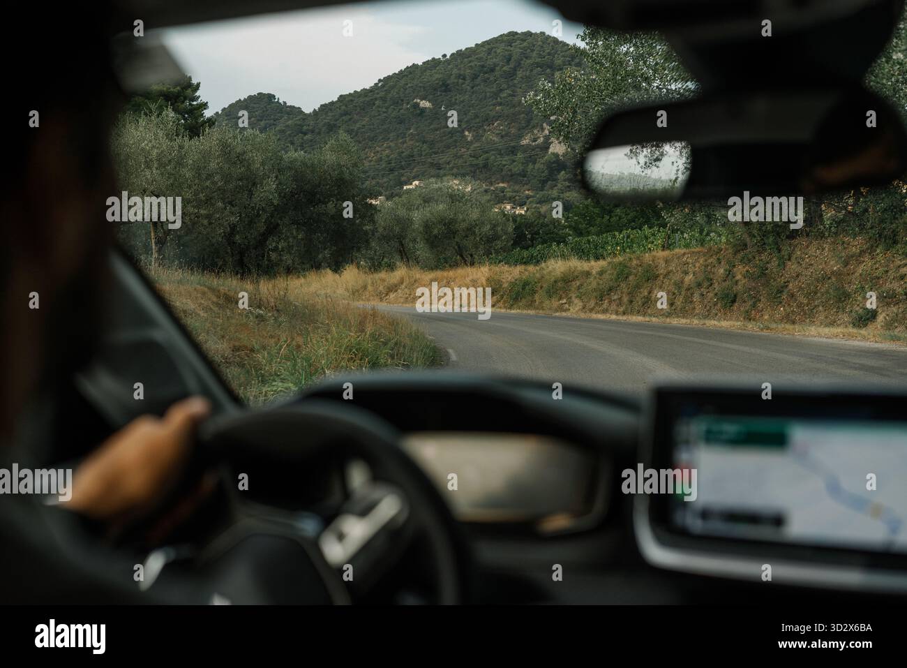 View from inside a moving car towards a winding countryside road lined ...