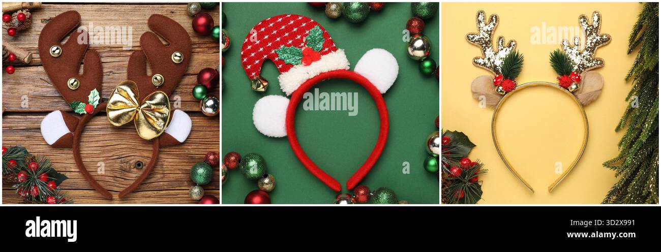Christmas celebration. Collage of reindeer headbands and festive decor ...