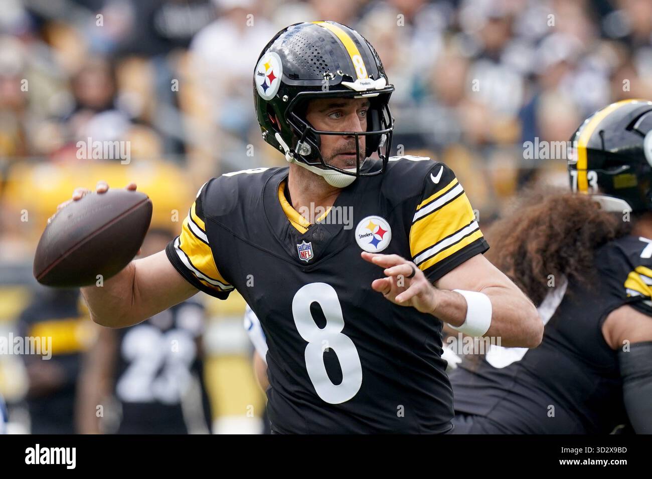Pittsburgh Steelers quarterback Aaron Rodgers (8) looks to throw during ...