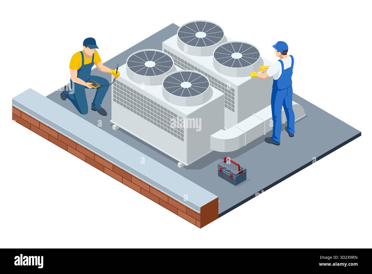 Isometric illustration of industrial HVAC system maintenance on rooftop ...