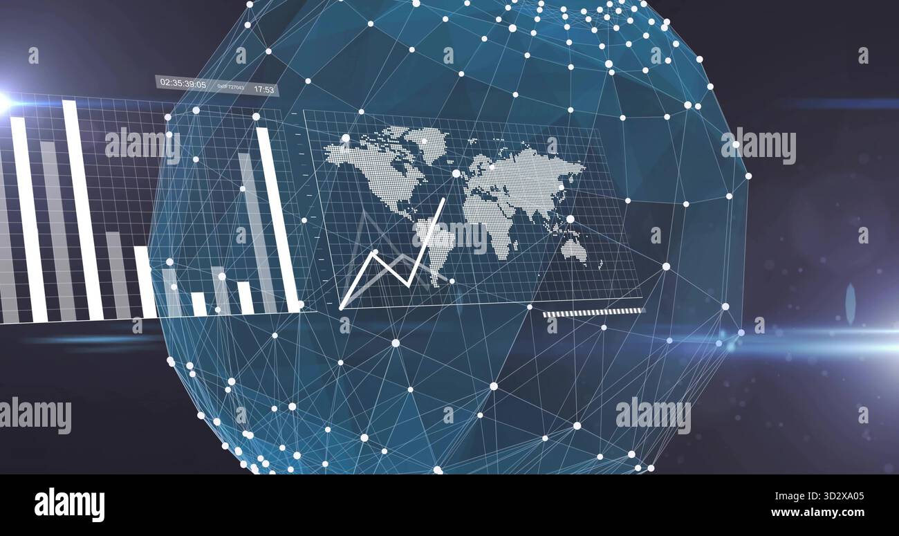 Displaying network sphere with connections, map, line and bar charts ...