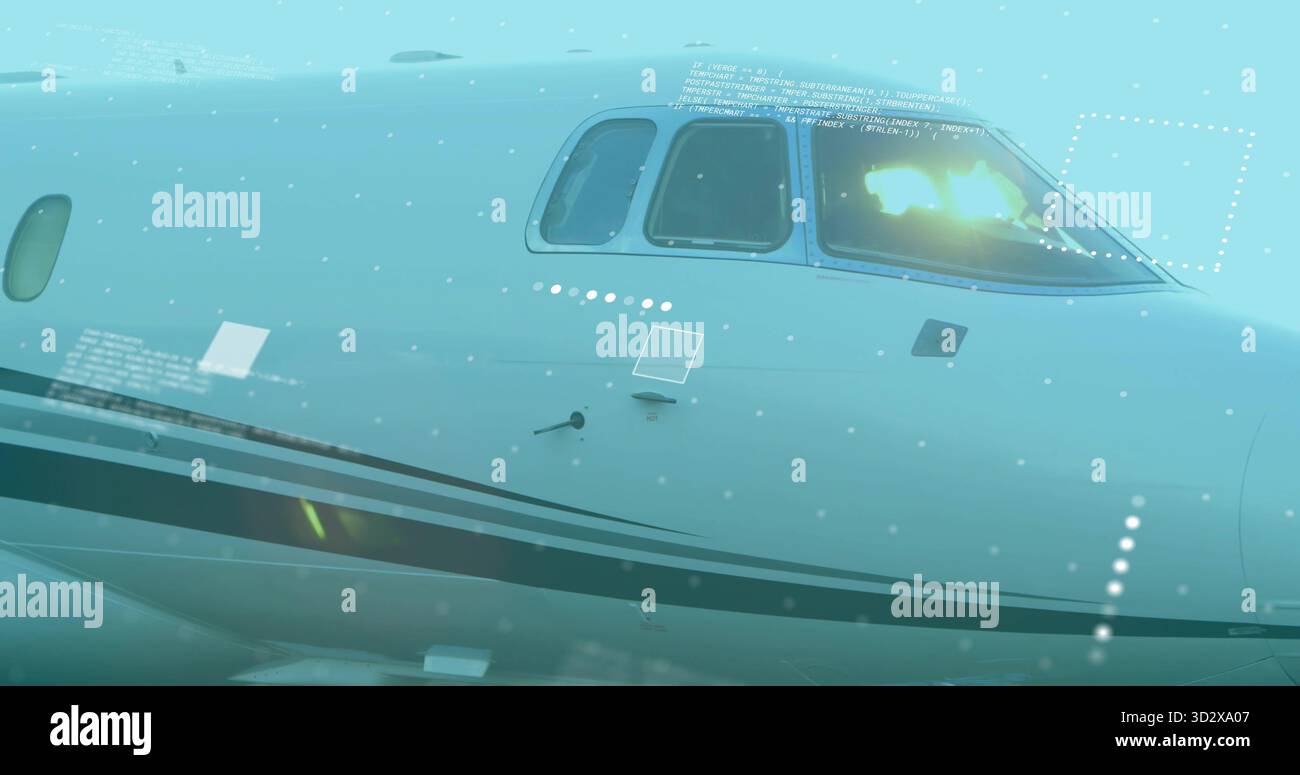 Displaying private jet nose reflecting sunlight at airfield, with ...