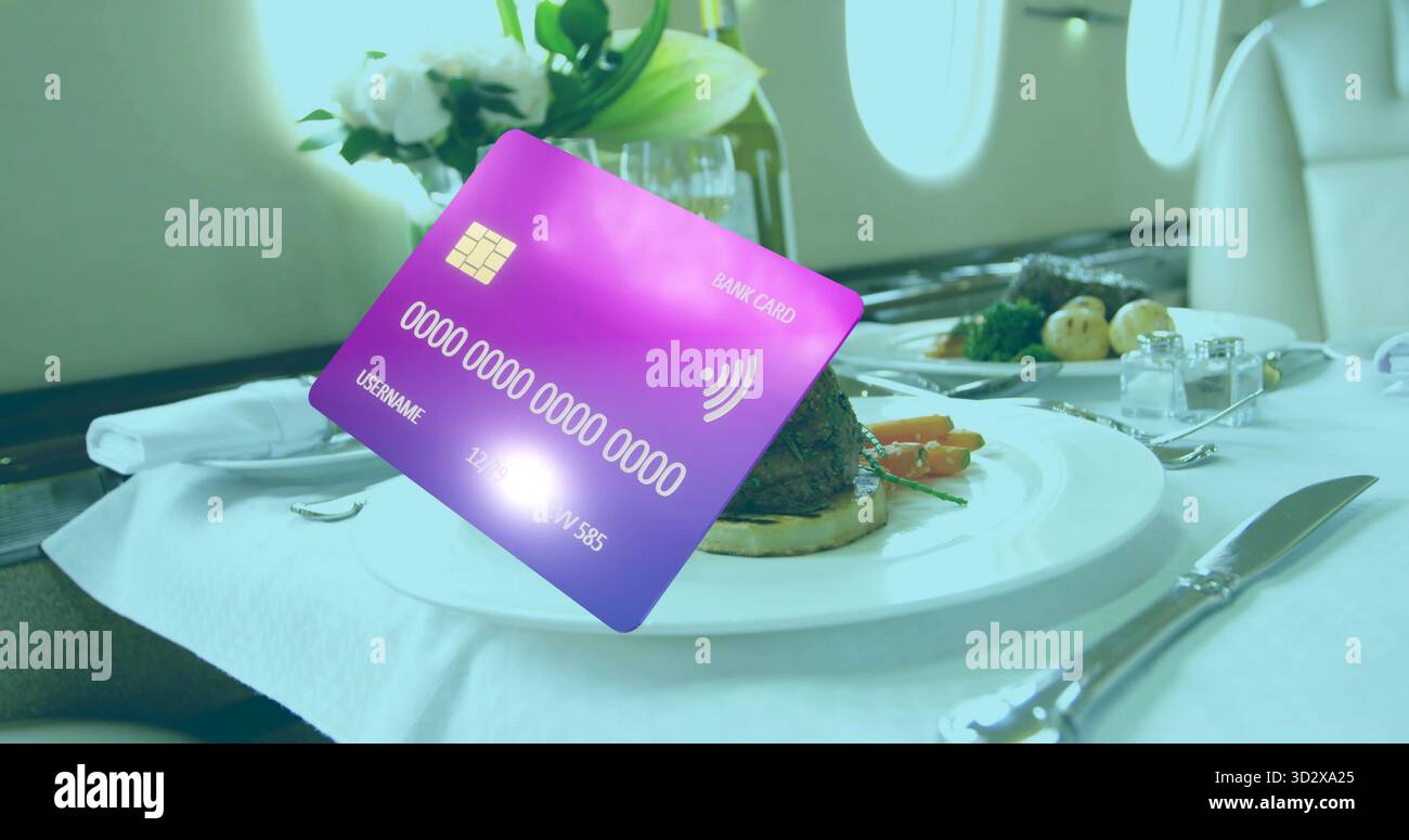 Floating purple-blue bank card displaying EMV chip above jet tray table ...