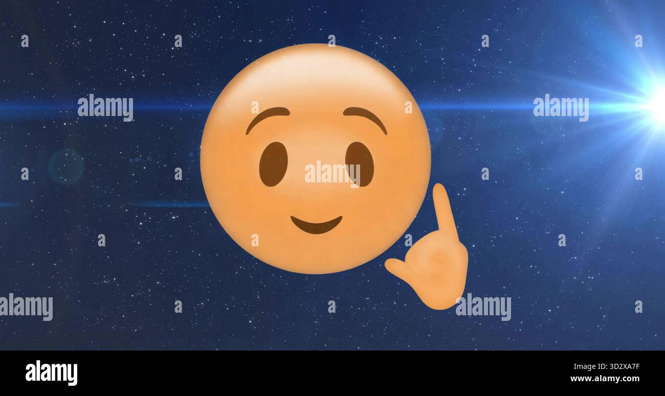 Drifting yellow smiley emoji and pointing hand across star field, with ...