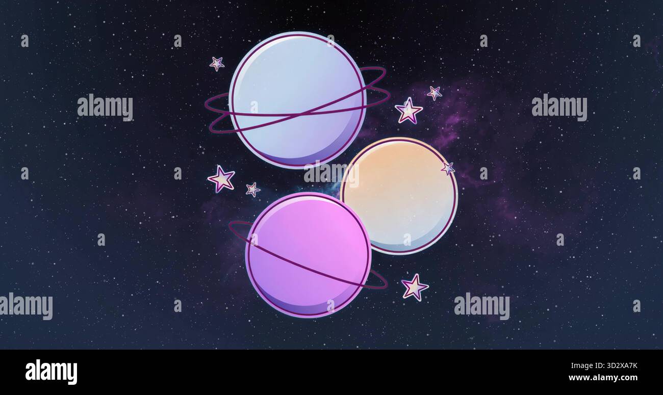 Floating three stylized pastel planets with rings in dark starry cosmic ...