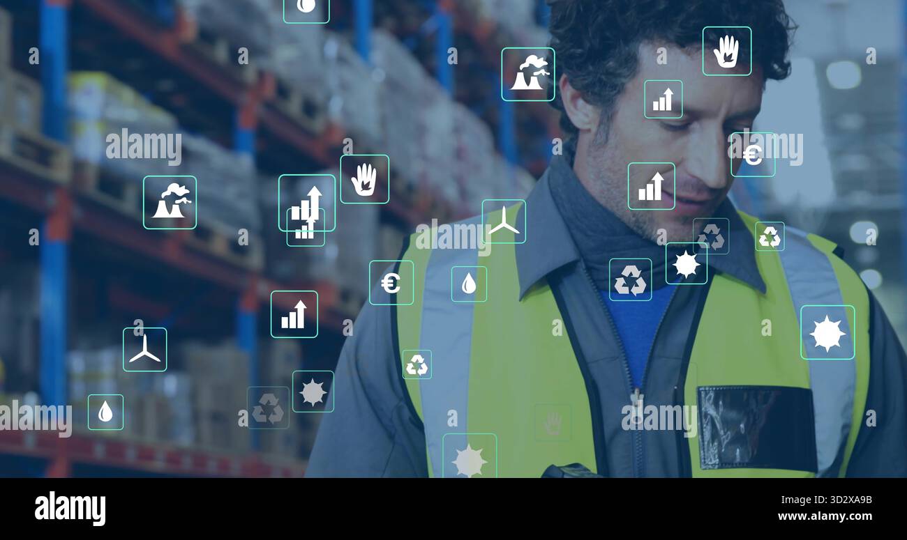 Operator wearing safety vest scanning icons with scanner in warehouse ...