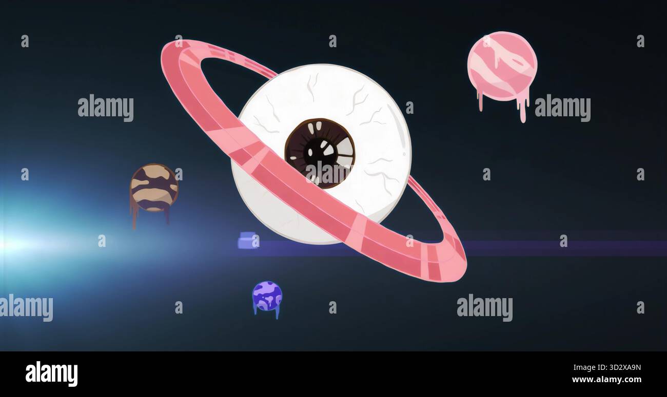Hovering white eyeball with pink ring in deep space, three dripping ...