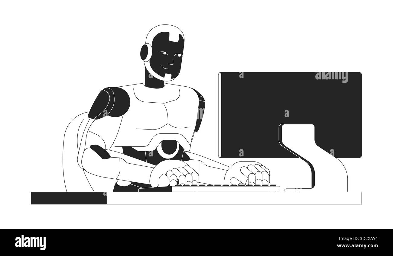 AI robot using computer for office work 2D line character Stock Vector ...