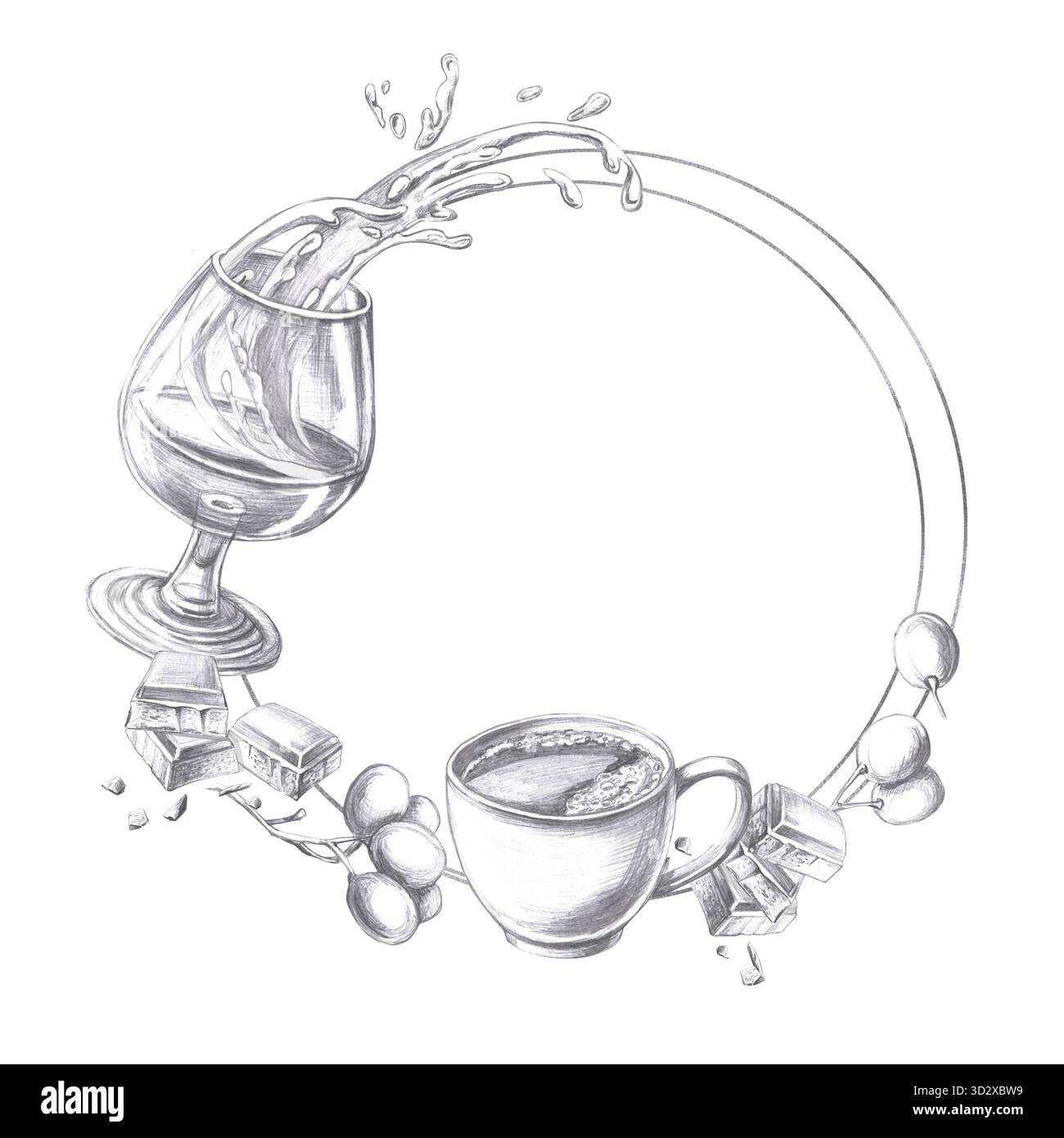 Round frame with glass of alcohol, chocolate, and coffee. Isolated ...