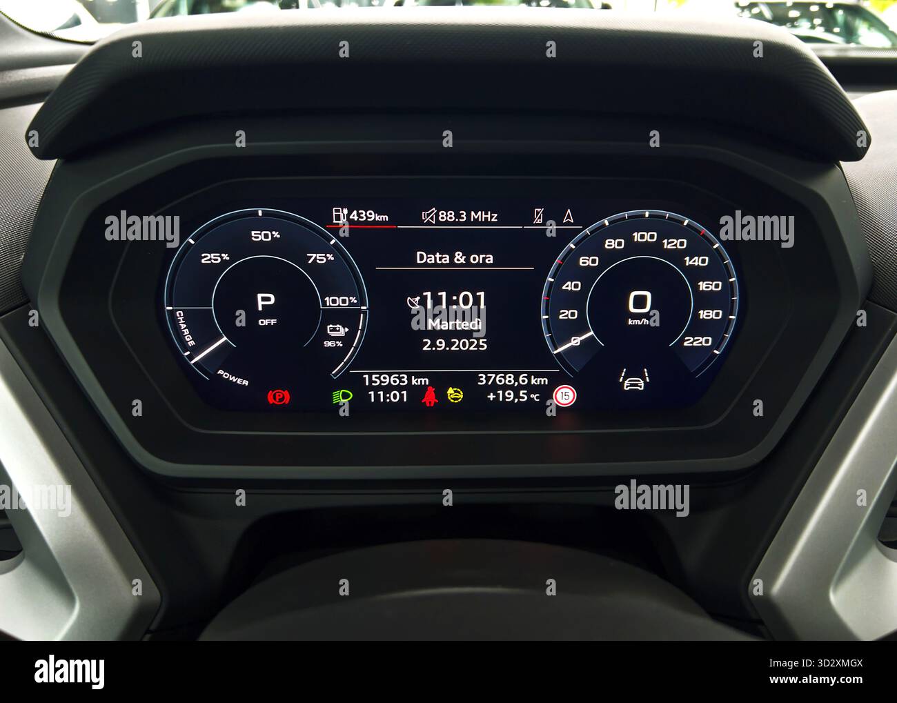 The sleek screen of an electric car's dashboard displays real-time ...