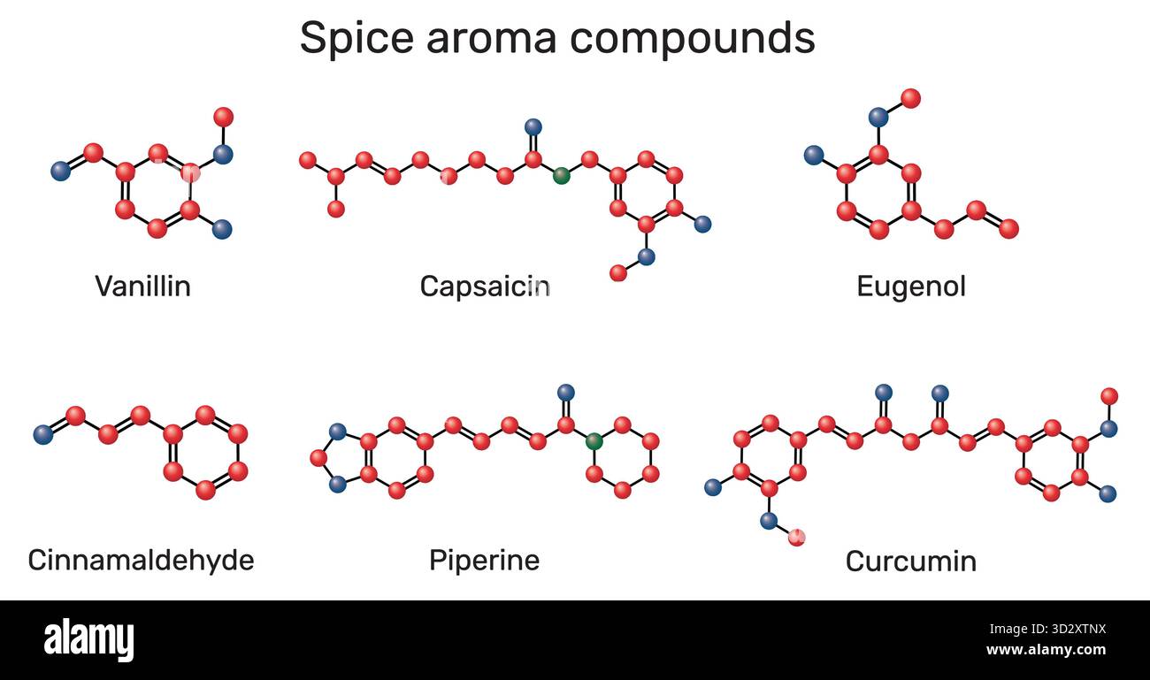 Spice aroma compounds molecule. Chemical structures of vanillin ...