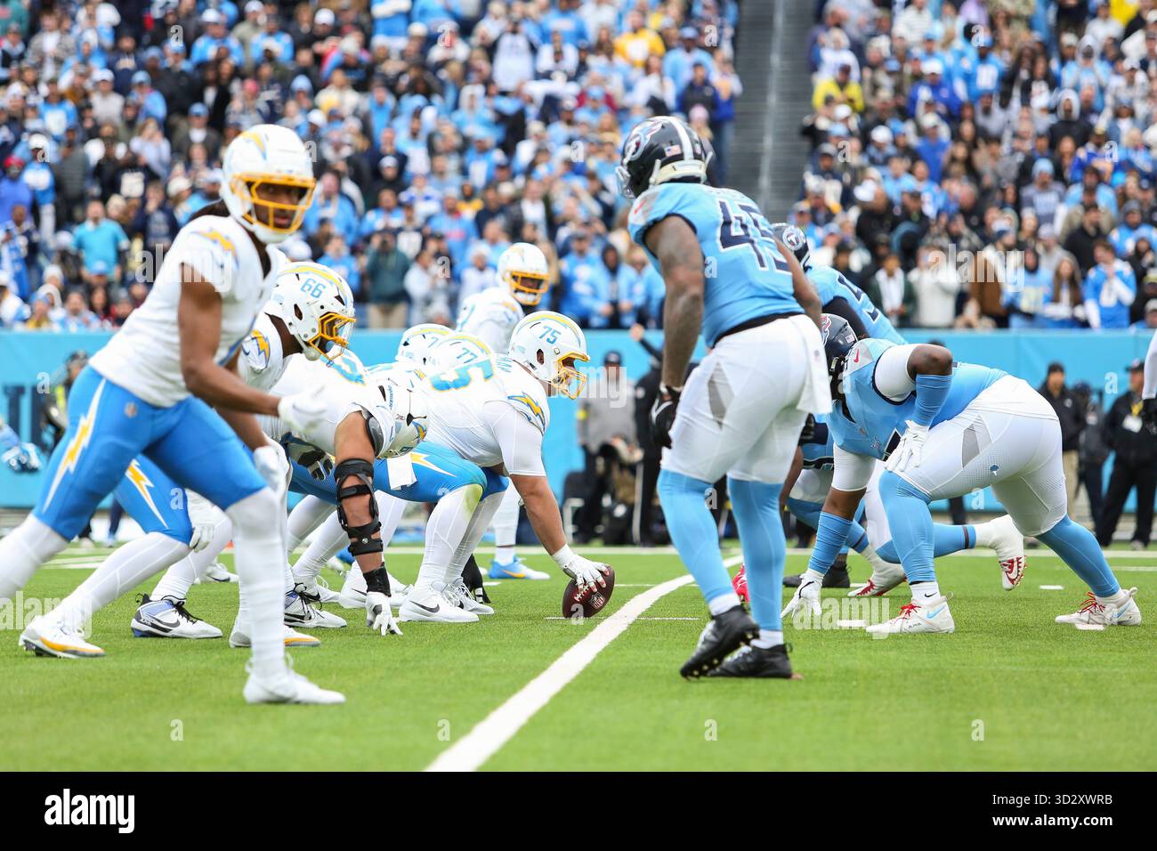 Los Angeles Chargers center Bradley Bozeman (75) snaps the ball during ...