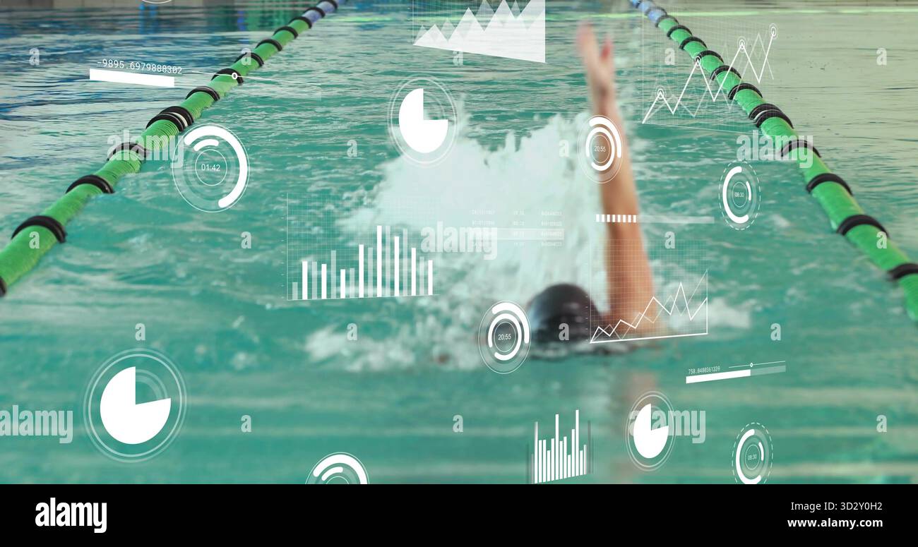 Female swimmer wearing swimsuit and swim cap doing front crawl in pool ...