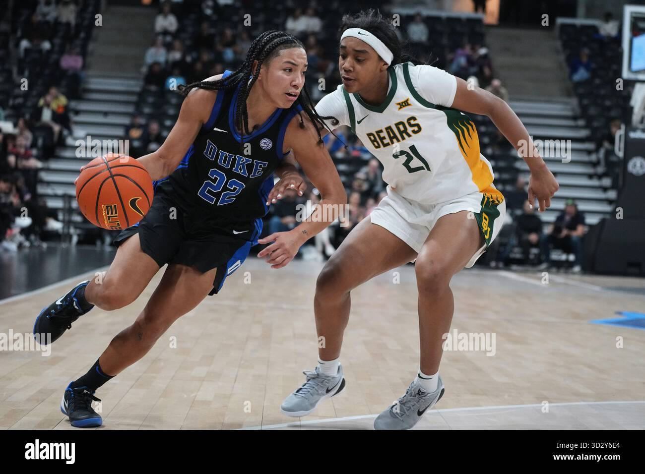 Duke guard Taina Mair (22) drives on Baylor guard Marcayla Johnson (21 ...