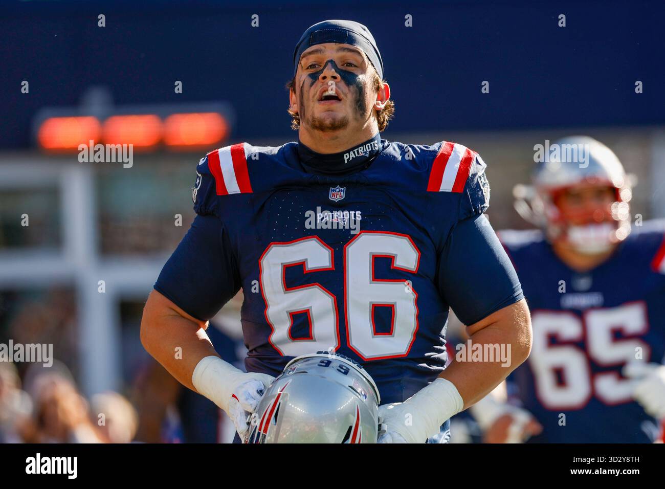New England Patriots offensive tackle Will Campbell (66) reacts during ...