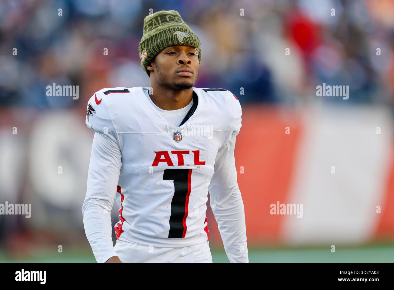 Atlanta Falcons wide receiver Darnell Mooney (1) reacts during the first half of an NFL football ...