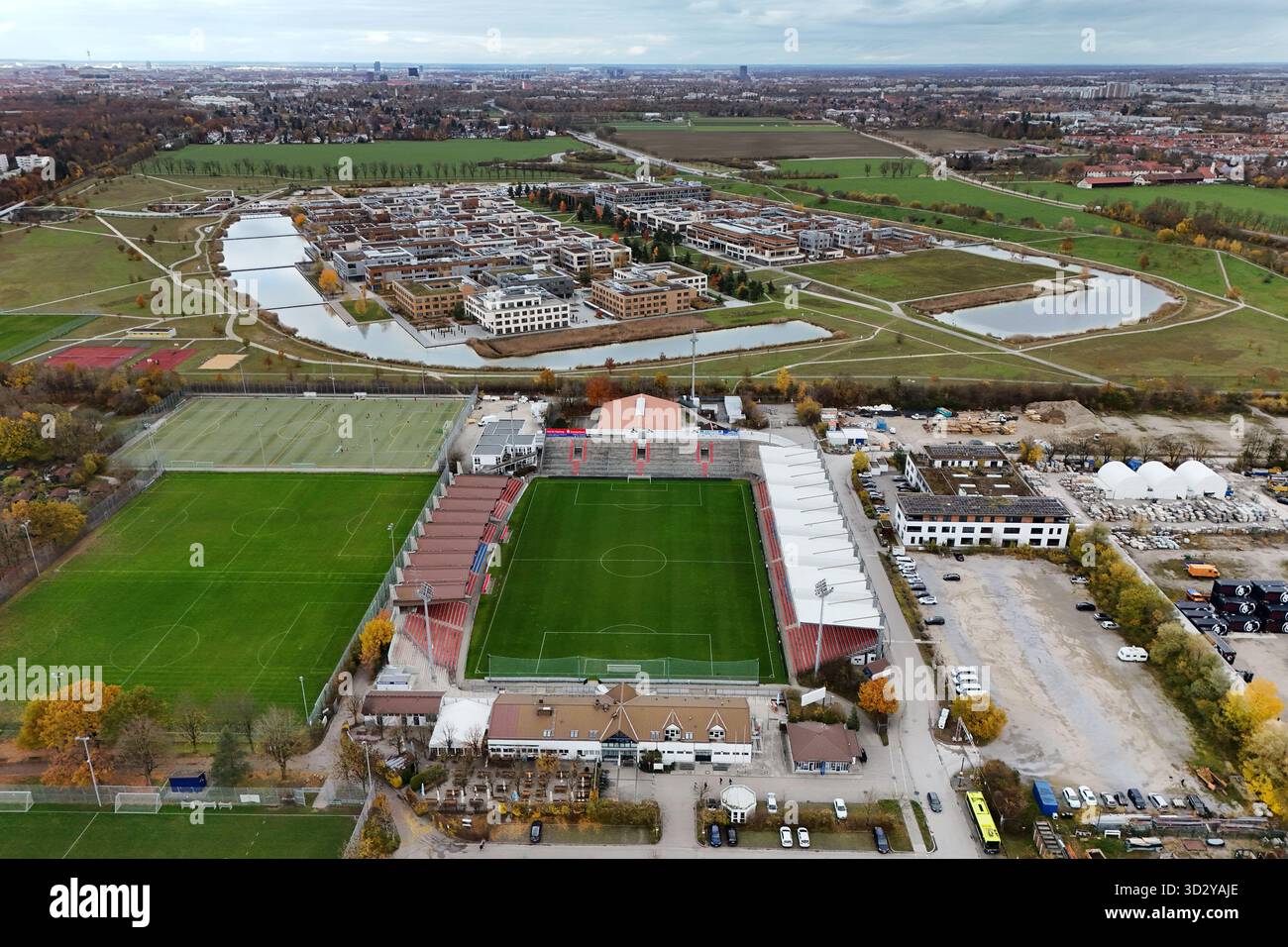 Aerial view of the Unterhaching sports park. The complex is located ...