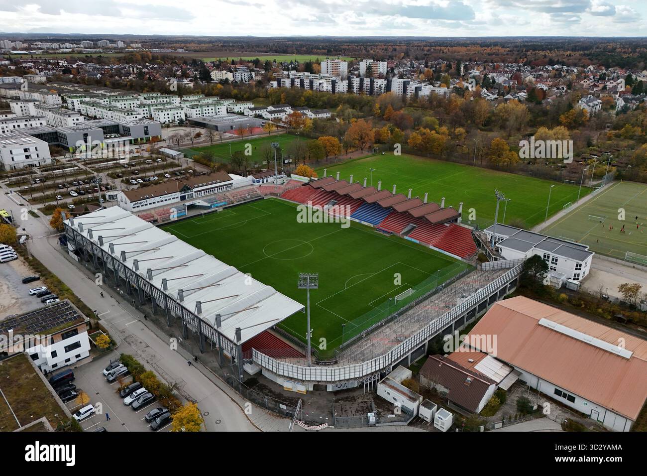 Aerial view of the Unterhaching sports park. The complex is located ...