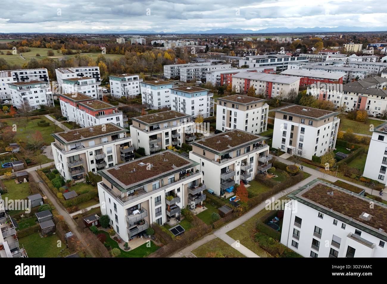 Residential area, housing estate in Unterhaching near Munich. Apartment ...