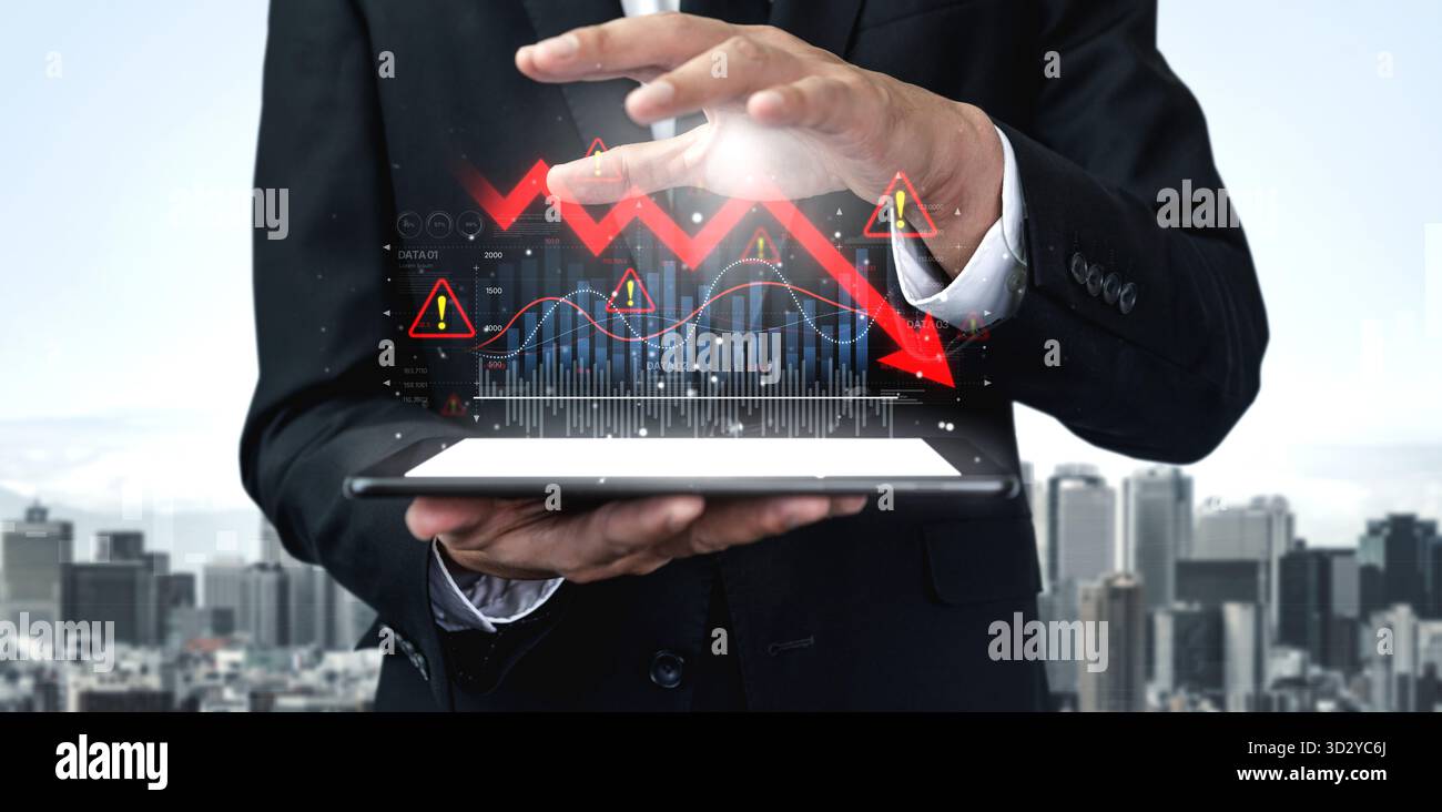 Economic caution visualized with fluctuating market graph, alert ...