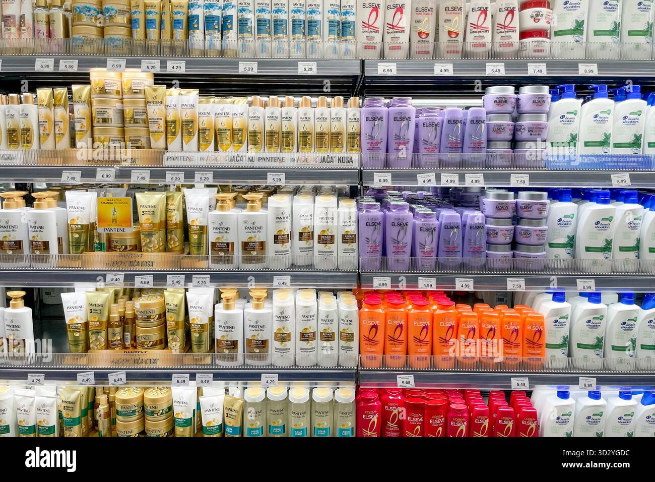 Bar, Montenegro, 2 October 2025, Various shampoo shelf in cosmetics ...