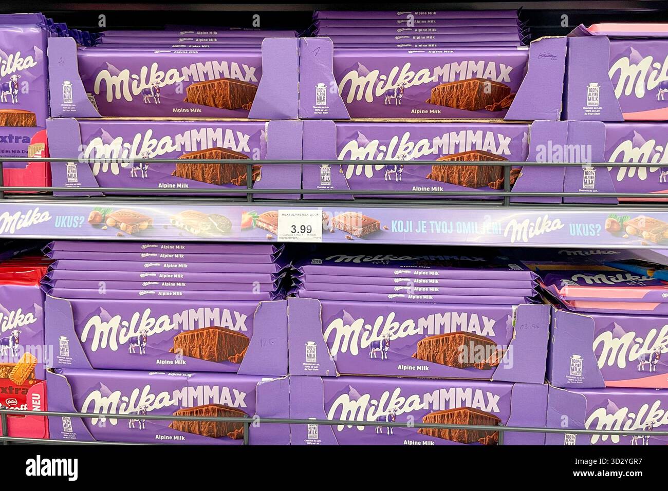 Bar, Montenegro, 25 October 2025, Milka brand candy chocolate in the ...