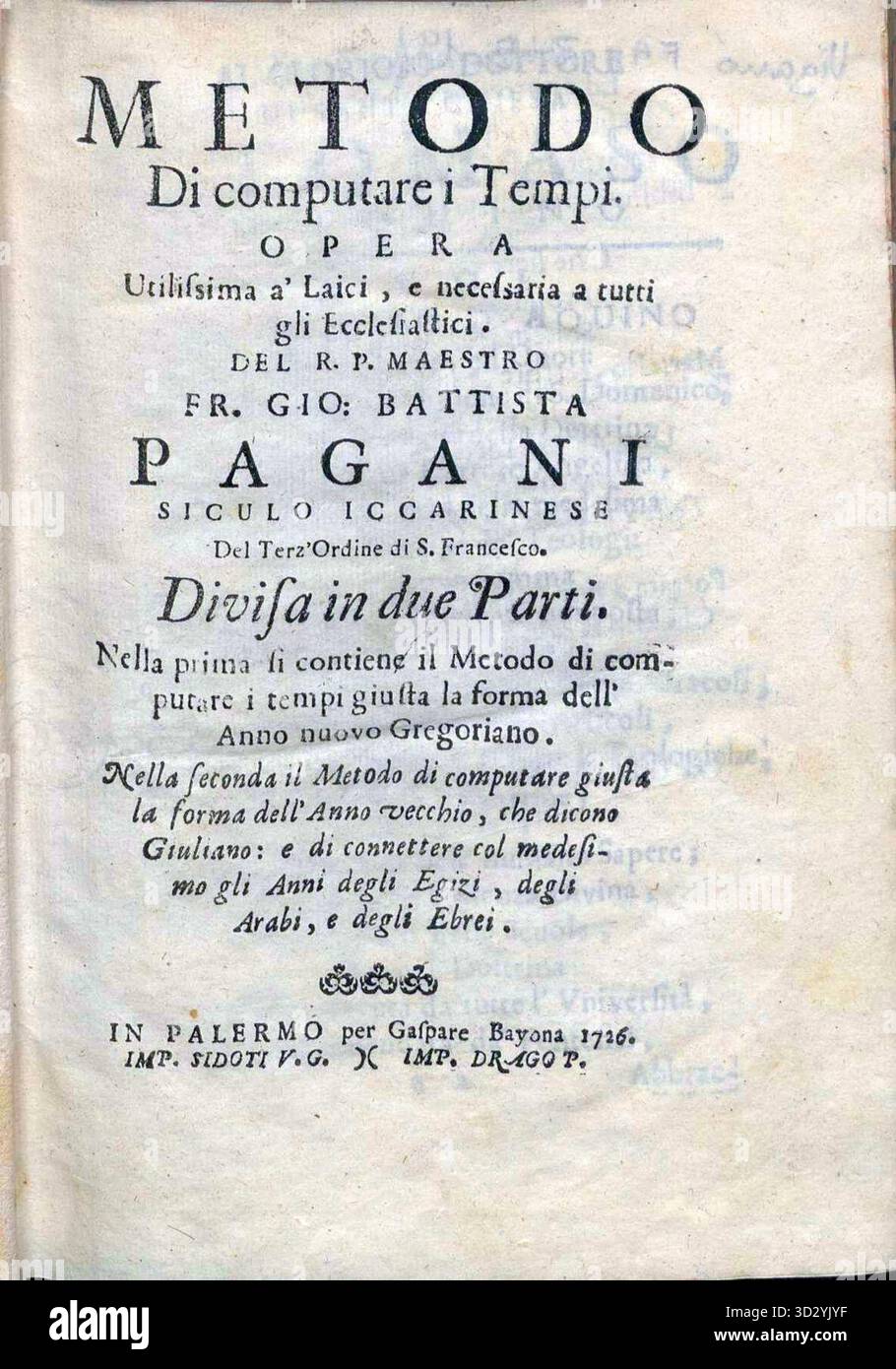 Pagani, Giovanni Battista – Metodo di computare i tempi, 1726 Stock ...