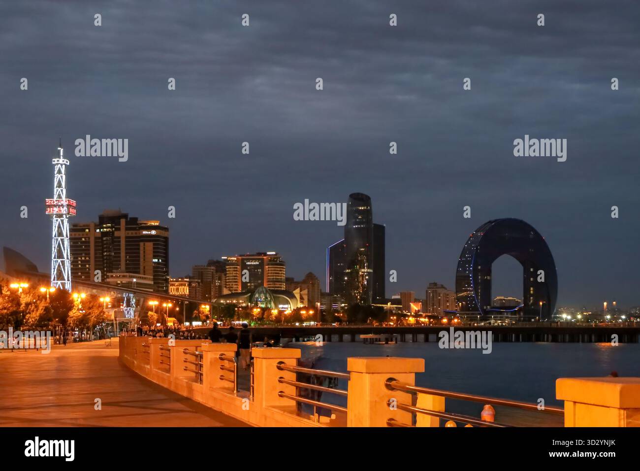 Baku, Azerbaijan. View of the Crescent Bay business center and Port of ...