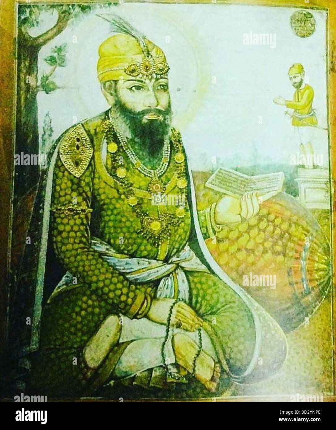 Painting of a haloed Guru Tegh Bahadur seated cross-legged holding a ...