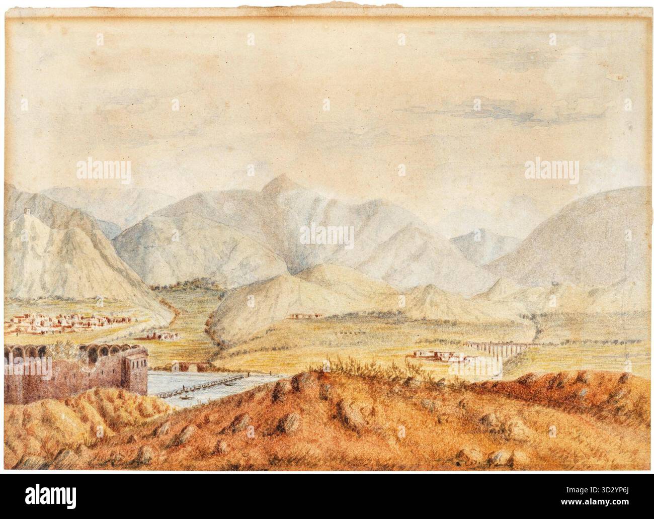 Painting of a view of Attock in the Punjab, showing part of Attock Fort ...
