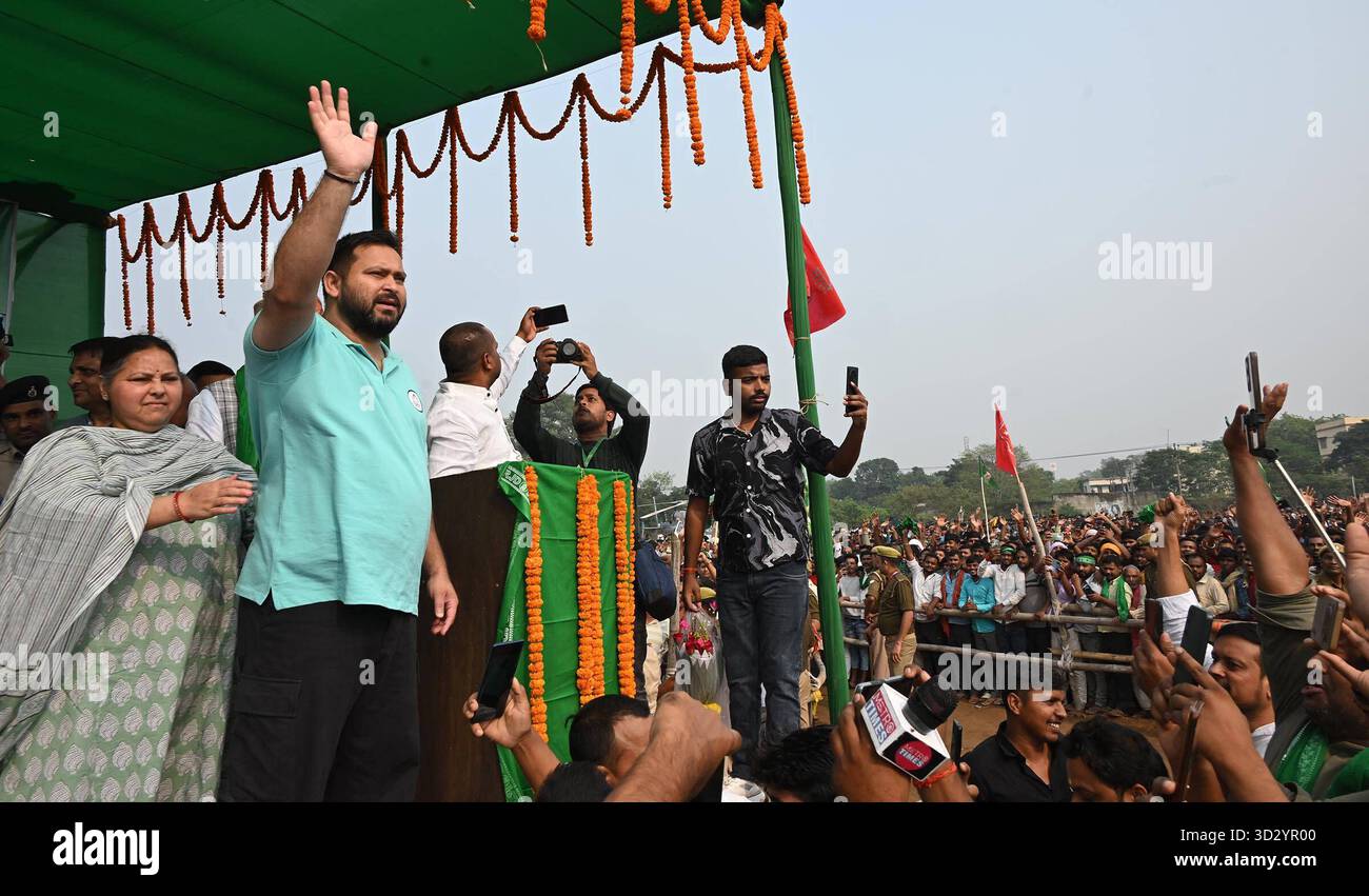 PATNA, INDIA - NOVEMBER 3: RJD leader Tejashwi Yadav with RJD MP Misa ...