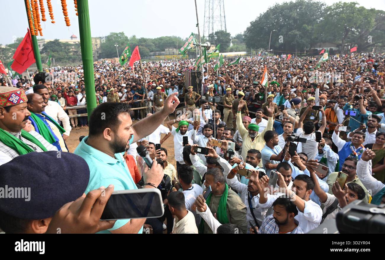 PATNA, INDIA - NOVEMBER 3: RJD leader Tejashwi Yadav addressing a ...