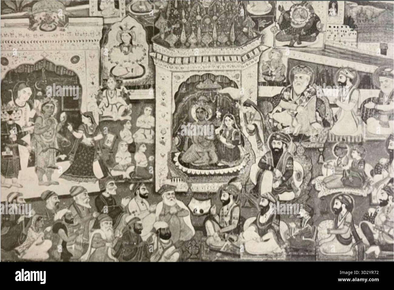 Painting of Indic deities, Sikh gurus, and Bhagats all praying to Akal ...