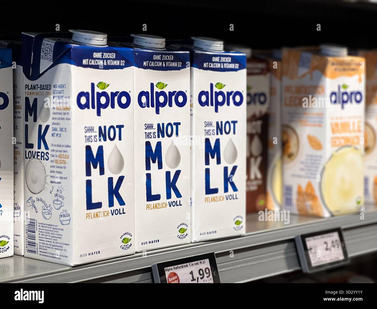 10.28.2025 - Flensburg, Germany. Alpro plant-based milk on a shelf at a ...
