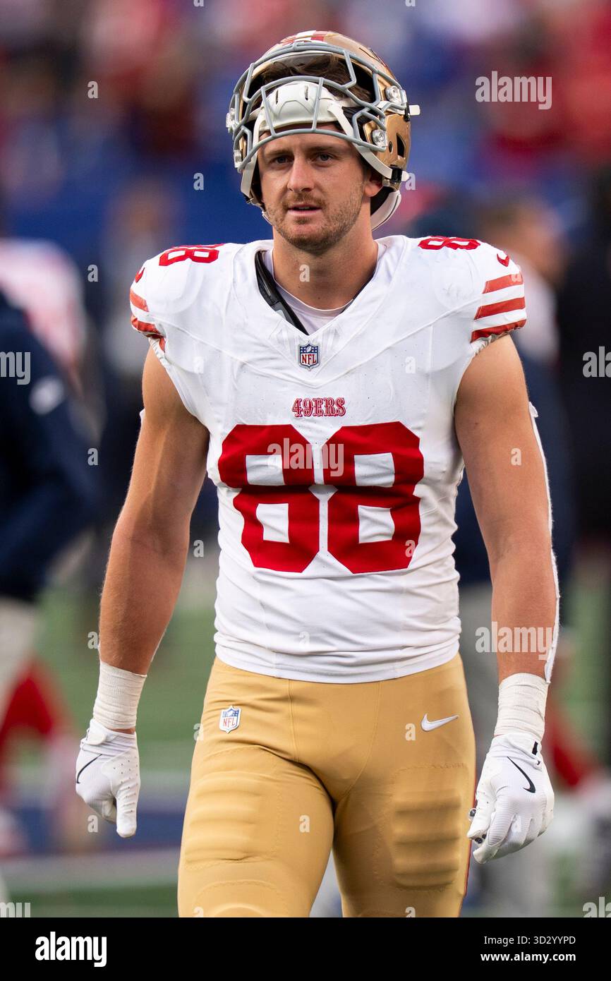 San Francisco 49ers tight end Jake Tonges (88) heads off the field ...