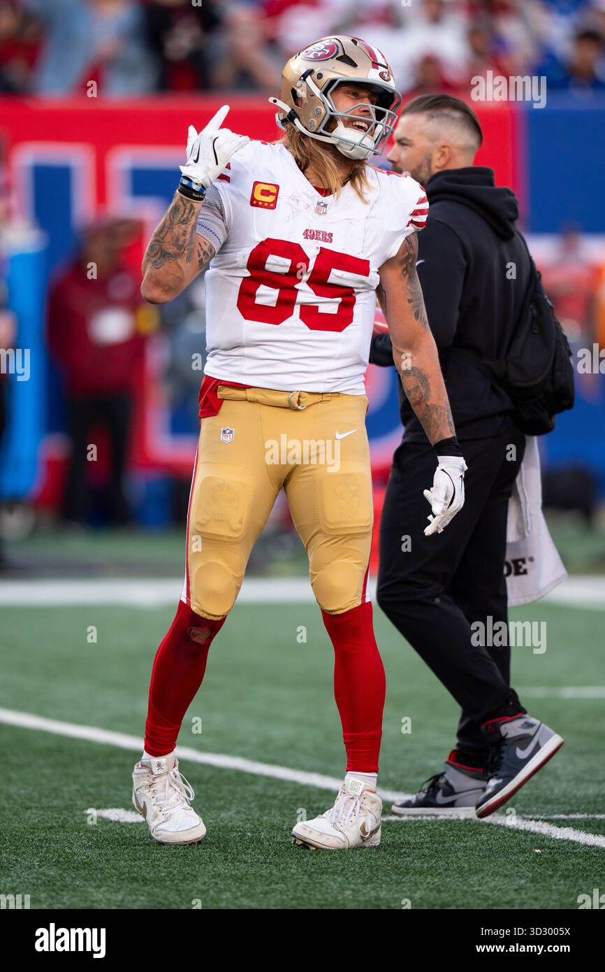 San Francisco 49ers tight end George Kittle (85) reacts to the fans ...