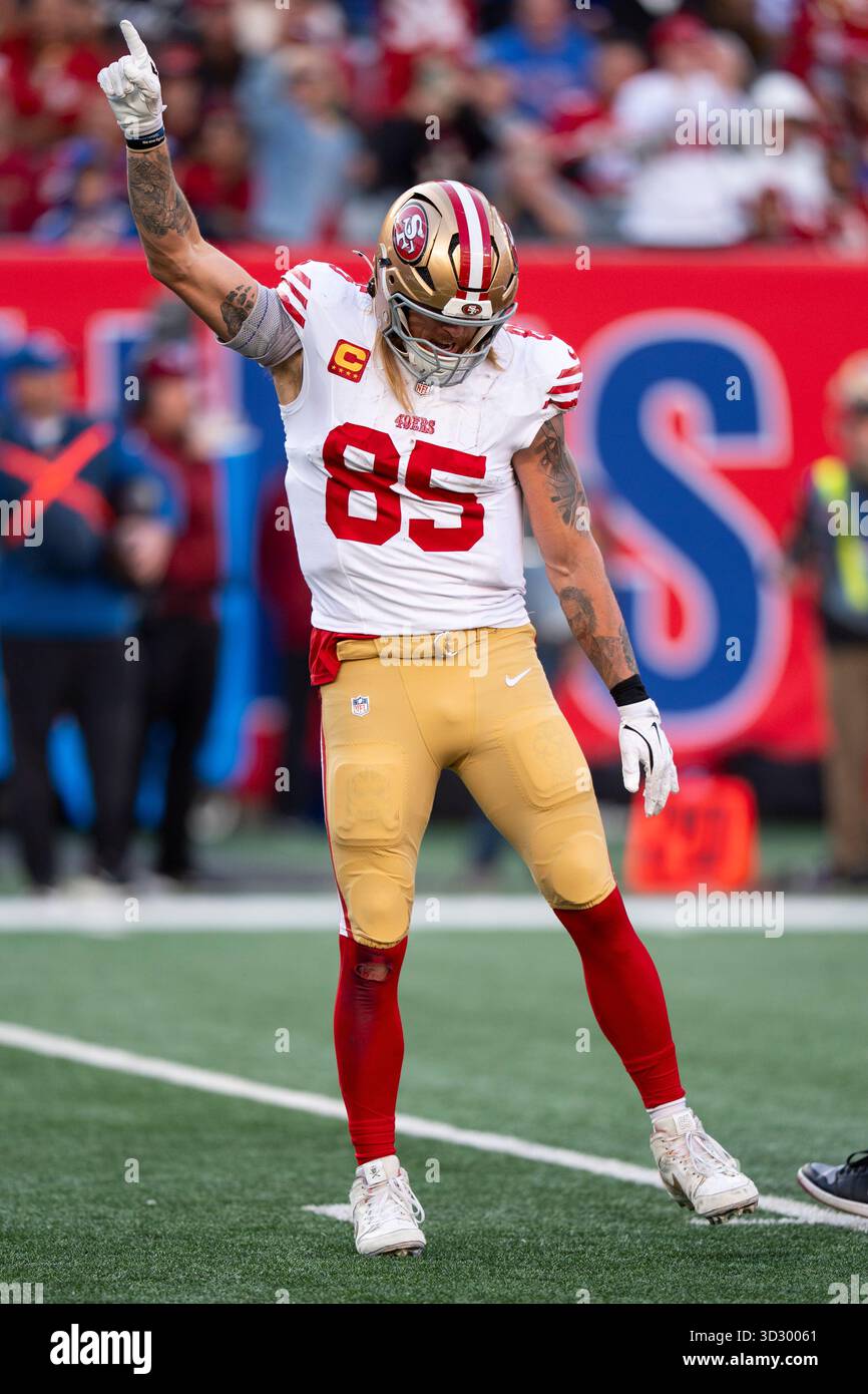 San Francisco 49ers tight end George Kittle (85) reacts to the fans ...